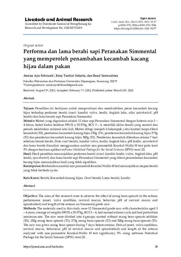 (PDF) Performa dan lama berahi sapi Peranakan Simmental yang memperoleh penambahan kecambah ...