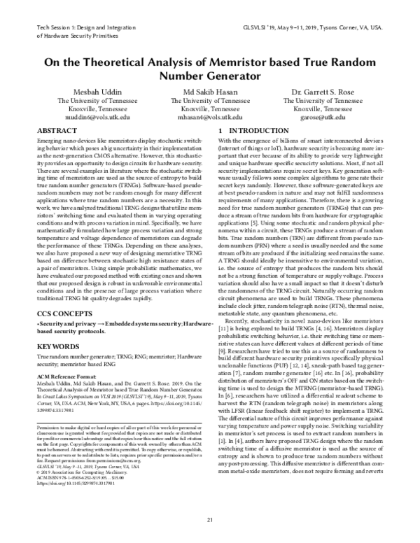 (PDF) On the Theoretical Analysis of Memristor based True Random Number ...