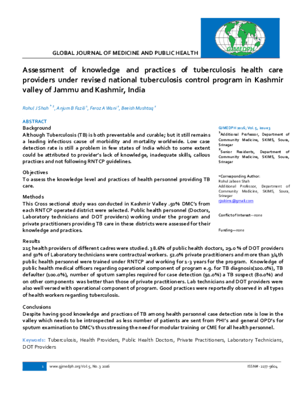 (PDF) Assessment of knowledge and practices of tuberculosis health care providers under revised ...