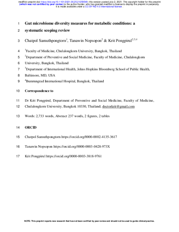 (PDF) Gut microbiome diversity measures for metabolic conditions: a systematic scoping review