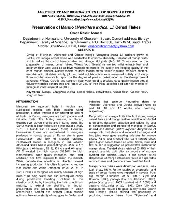 (PDF) Preservation of Mango ( Mangifera indica , L . ) Cereal Flakes
