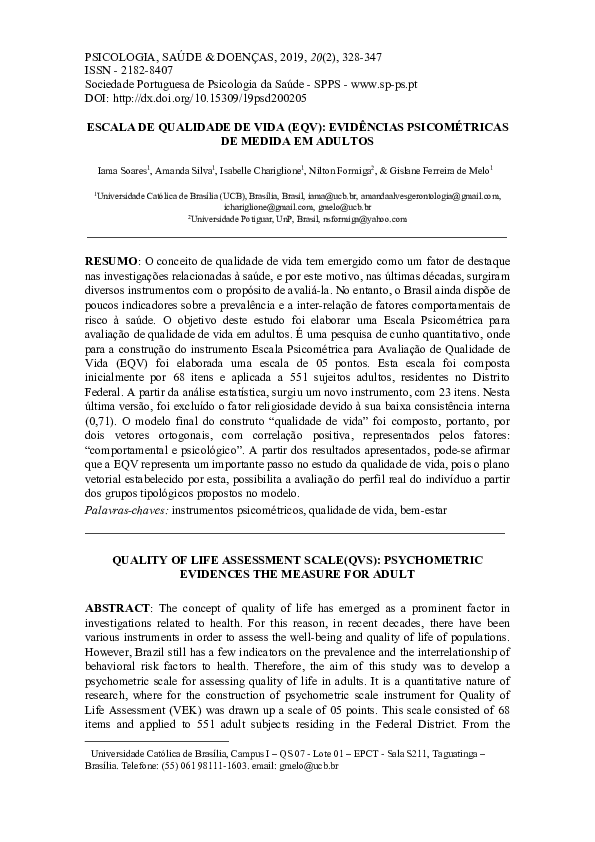 (PDF) Quality of Life Assessment Scale(QVS): Psychometric Evidences the ...