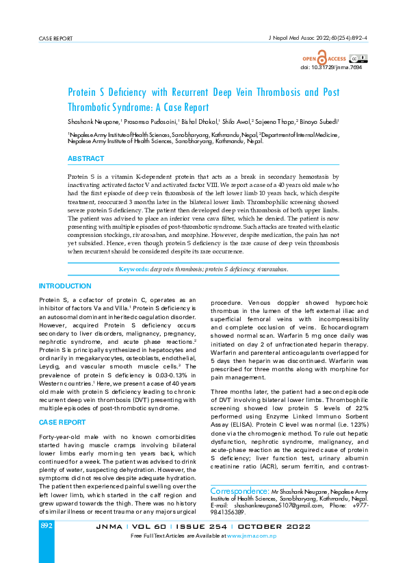 (PDF) Protein S Deficiency with Recurrent Deep Vein Thrombosis and Post ...
