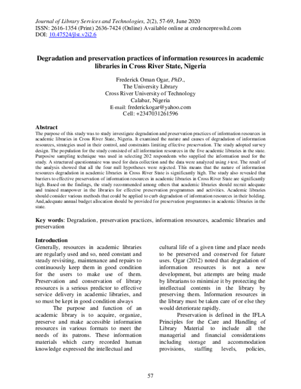 (PDF) Degradation and preservation practices of information resources in academic libraries in ...
