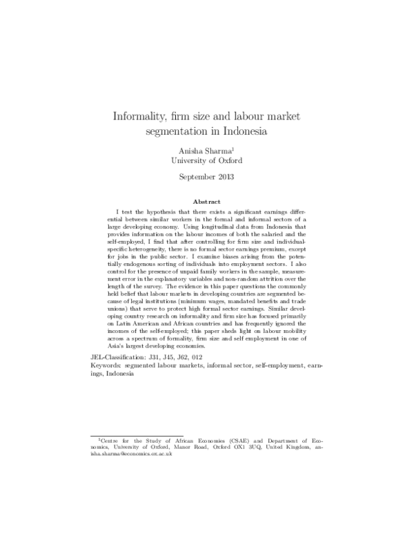 (PDF) Informality , firm size and labour market segmentation in Indonesia