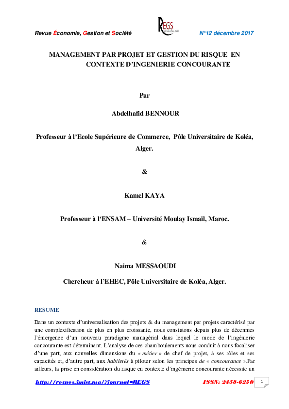 (PDF) Management Par Projet et Gestion Du Risque en Contexte D ...