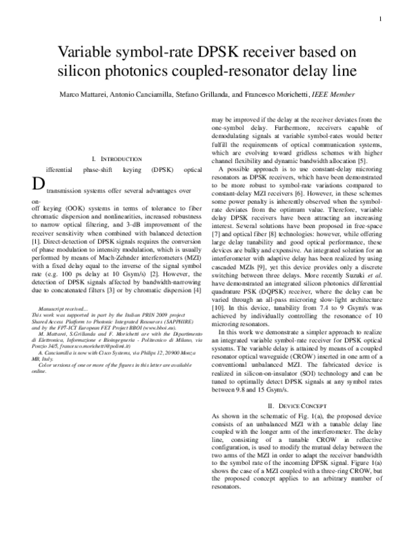 (PDF) Variable Symbol-Rate DPSK Receiver Based on Silicon Photonics ...