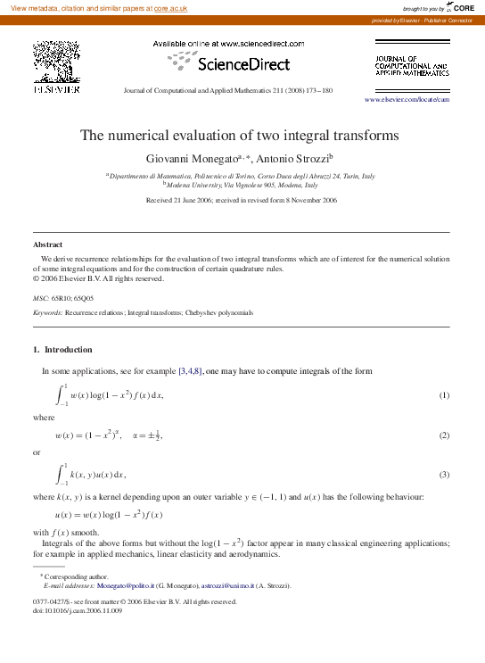 (PDF) The numerical evaluation of two integral transforms | Antonio Strozzi - Academia.edu