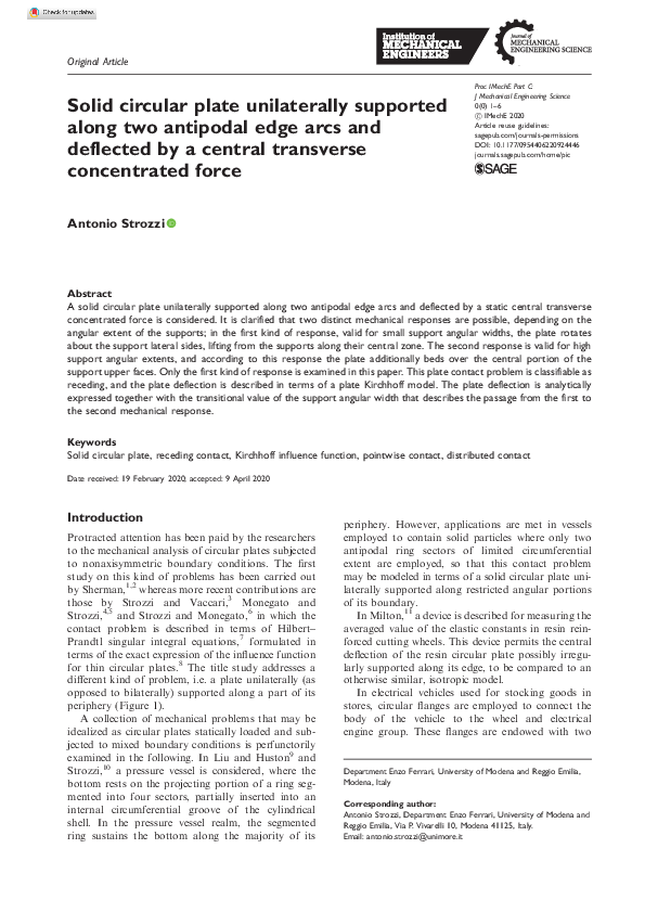 (PDF) Solid circular plate unilaterally supported along two antipodal ...