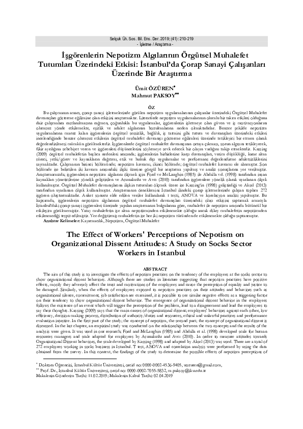 (PDF) İşgörenlerin Nepotizm Algılarının Örgütsel Muhalefet Tutumları ...