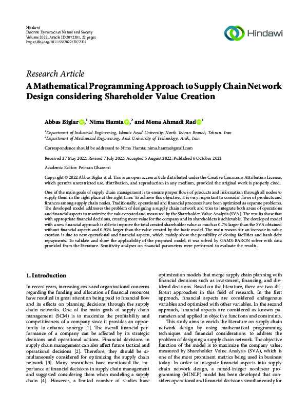 (PDF) A Mathematical Programming Approach to Supply Chain Network Design considering Shareholder ...