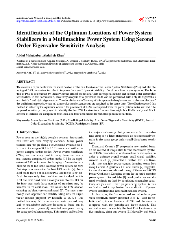 (PDF) Identification of the Optimum Locations of Power System Stabilizers in a Multimachine ...