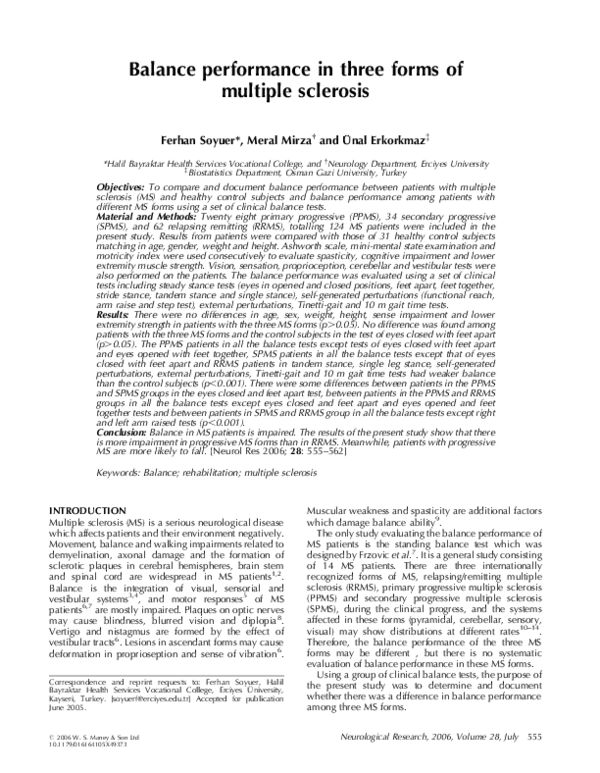 (PDF) Balance performance in three forms of multiple sclerosis