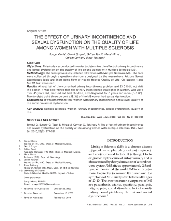 (PDF) The effect of urinary incontinence and sexual dysfunction on the quality of life among ...
