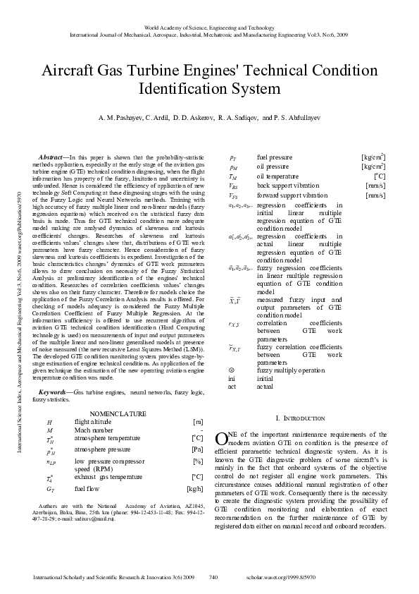 (PDF) Aircraft Gas Turbine Engines’ Technical Condition Identification System