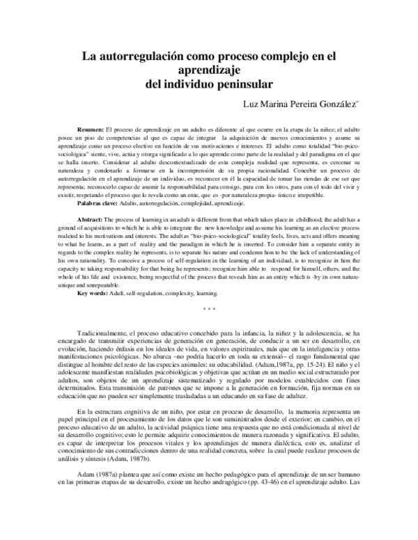 (PDF) La autorregulación como proceso complejo en el aprendizaje del individuo peninsular