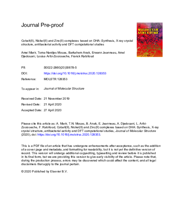 (PDF) Cobalt(II), Nickel(II) and Zinc(II) complexes based on DHA: Synthesis, X-ray crystal ...