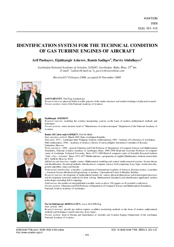 (PDF) Identification System for the Technical Condition of Gas Turbine Engines of Aircraft