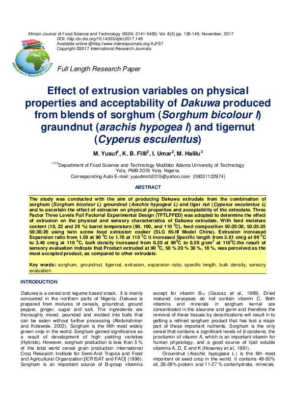 (PDF) Effect of extrusion variables on physical properties and acceptability of Dakuwa produced ...