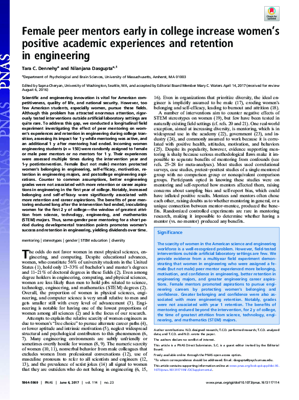 (PDF) Female peer mentors early in college increase women's positive ...