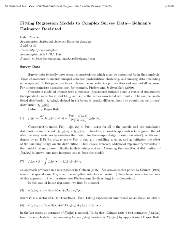 (PDF) Fitting Regression Models to Complex Survey Data|Gelman's Estimator Revisited