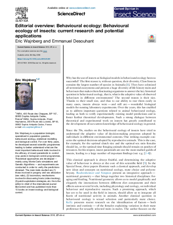 (PDF) Editorial overview: Behavioural ecology: Behavioural ecology of ...