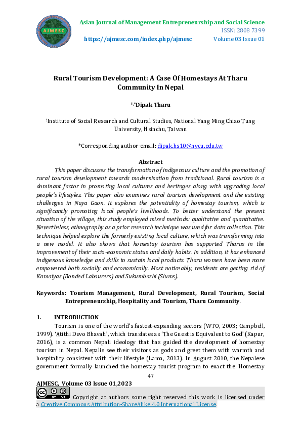 (PDF) Rural Tourism Development: A Case Of Homestays At Tharu Community ...