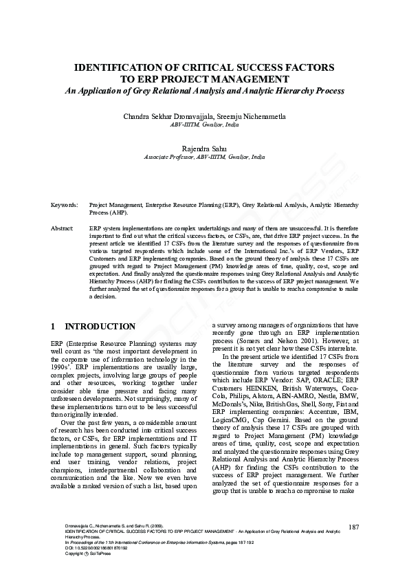 (PDF) Identification of Critical Success Factors to ERP Project ...