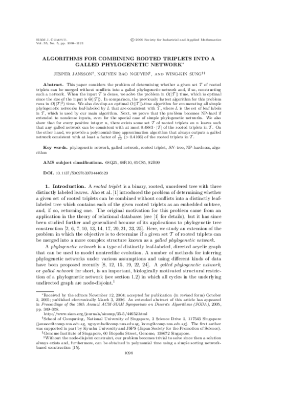 (PDF) Algorithms for Combining Rooted Triplets into a Galled Phylogenetic Network