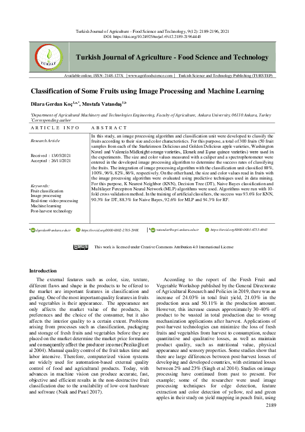 (PDF) Classification of Some Fruits using Image Processing and Machine Learning