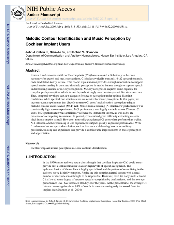(PDF) Melodic Contour Identification and Music Perception by Cochlear ...