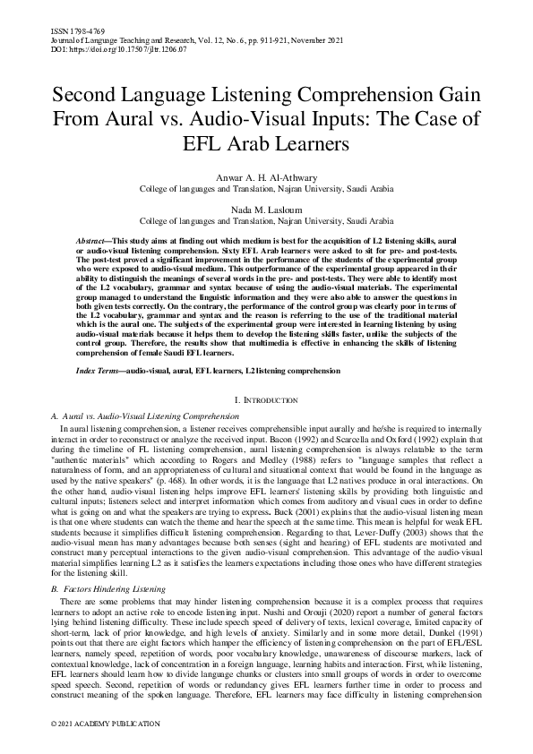 (PDF) Second Language Listening Comprehension Gain From Aural vs. Audio ...