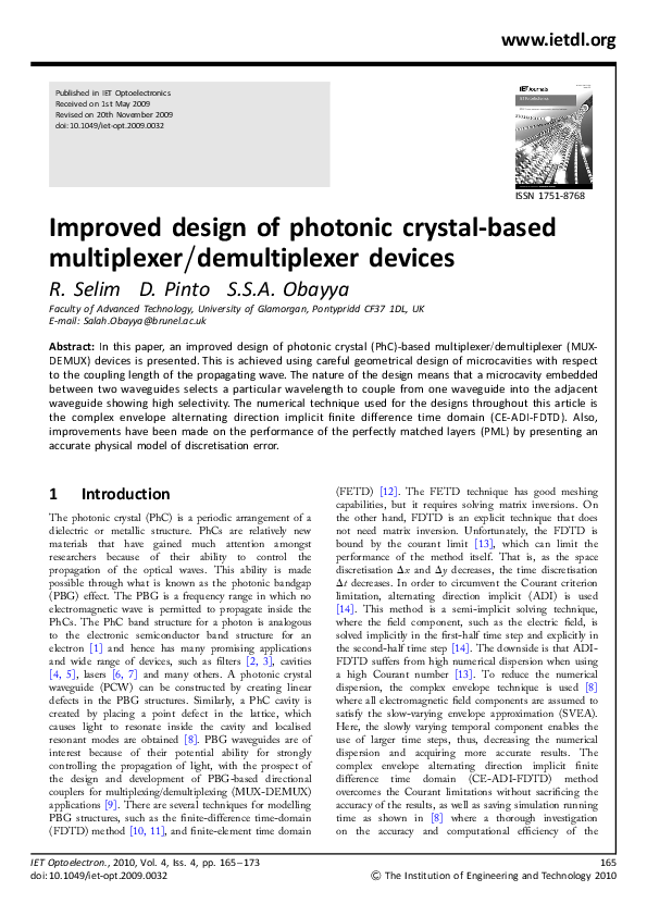 (PDF) Improved design of photonic crystal-based multiplexer/demultiplexer devices