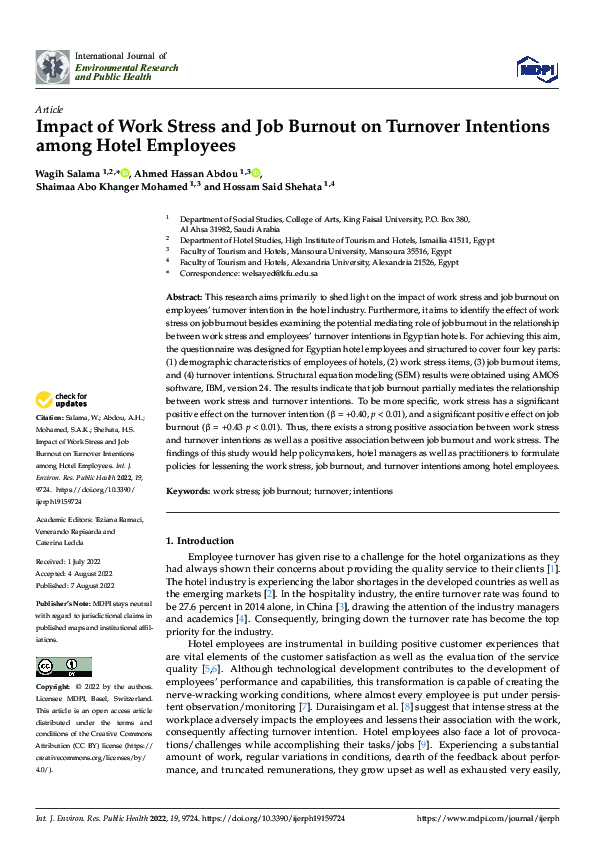 (PDF) Impact of Work Stress and Job Burnout on Turnover Intentions ...