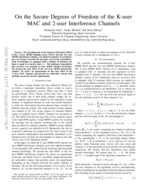 (PDF) On the Secure Degrees of Freedom of the K-user MAC and 2-user ...