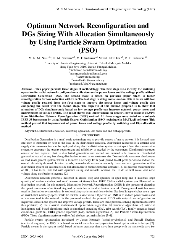 Optimum Network Reconfiguration and DGs Sizing With Allocation Simultaneously by Using Particle ...