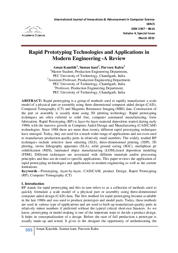 Pdf Rapid Prototyping Technologies And Applications In Modern