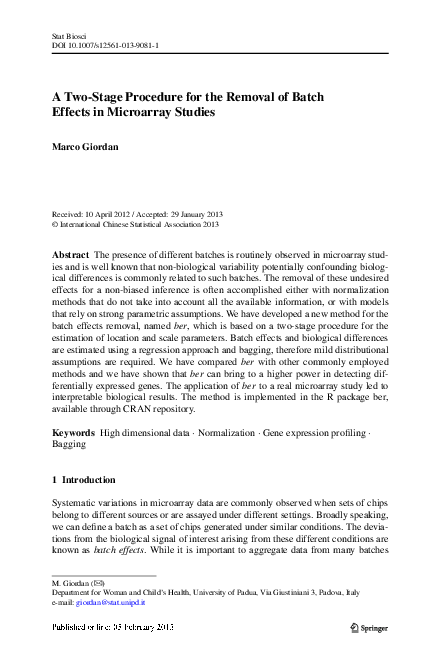 (PDF) A Two-Stage Procedure for the Removal of Batch Effects in Microarray Studies