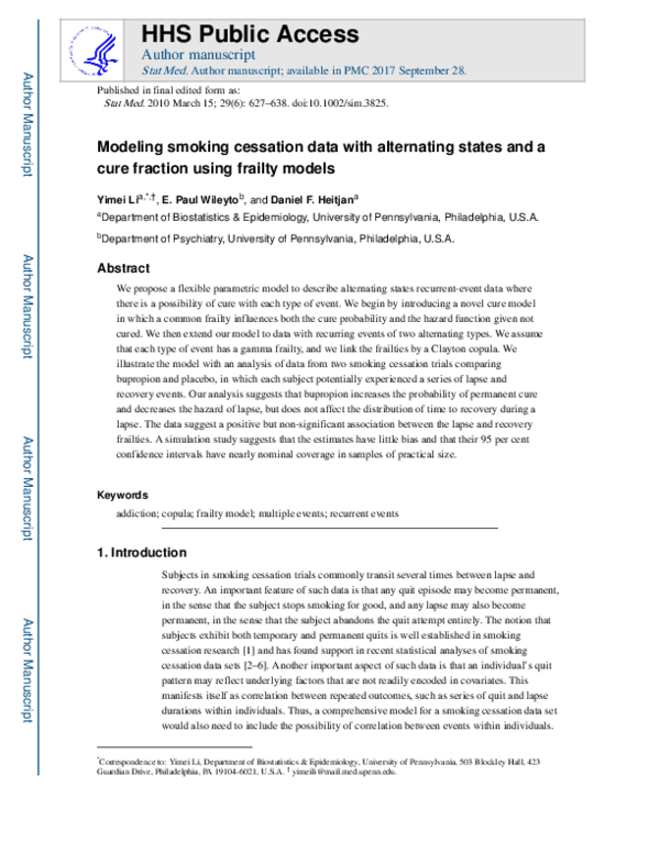 Pdf Modeling Smoking Cessation Data With Alternating States And A Cure Fraction Using Frailty