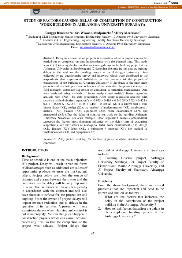 (PDF) Study of Factors Causing Delay of Completion of Construction Work Building in Airlangga ...
