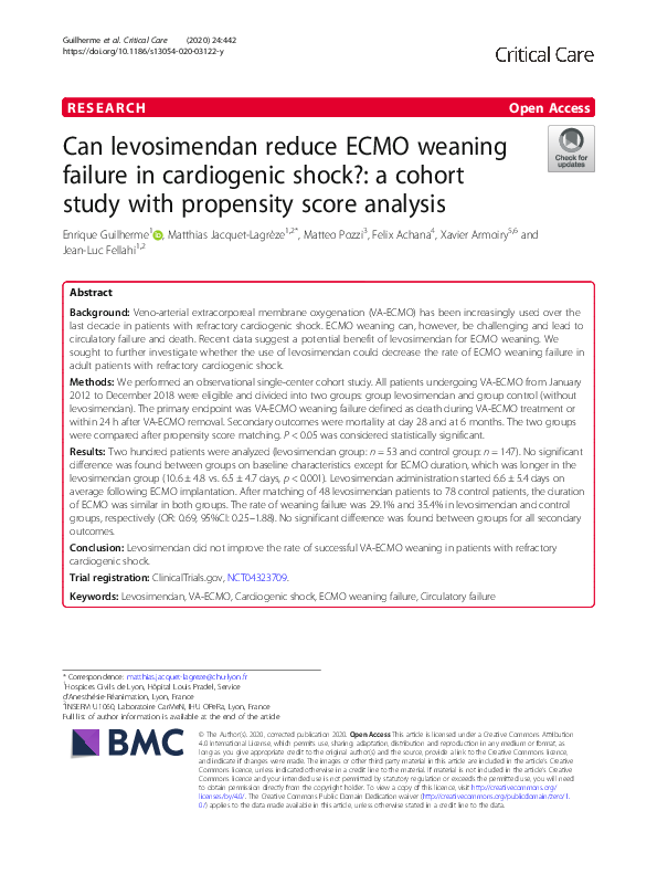 (PDF) Can levosimendan reduce ECMO weaning failure in cardiogenic shock?: a cohort study with ...
