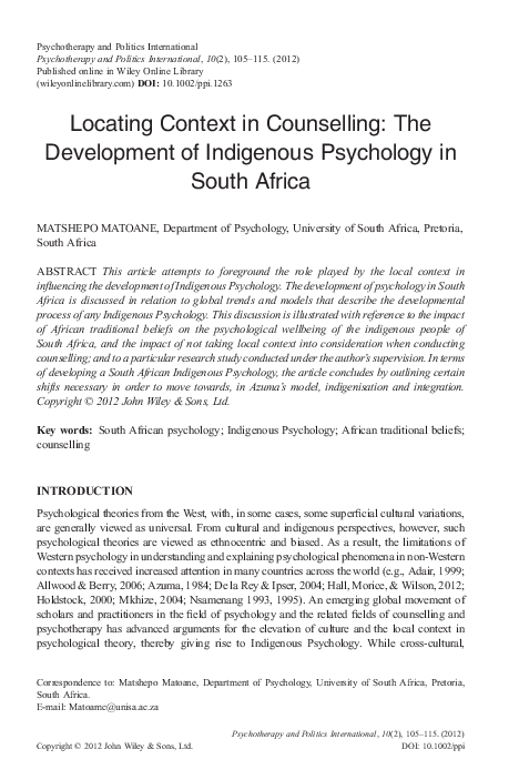 (PDF) Locating Context in Counselling: The Development of Indigenous ...