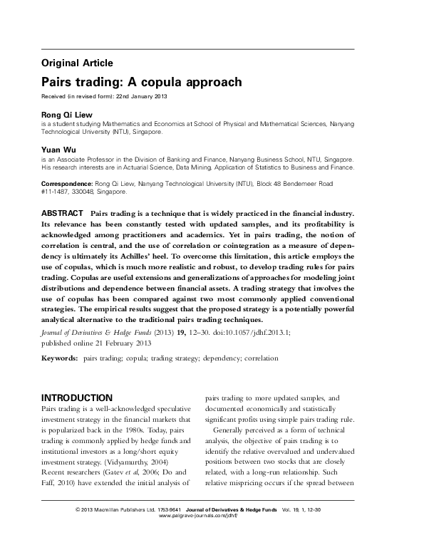 (PDF) Pairs trading: A copula approach