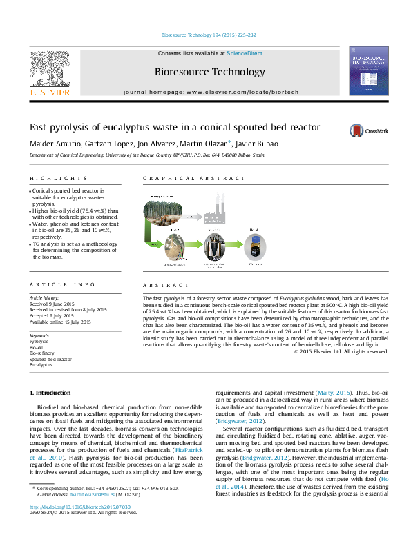 (PDF) Fast pyrolysis of eucalyptus waste in a conical spouted bed reactor