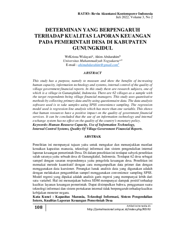 (PDF) Determinan yang Berpengaruh Terhadap Kualitas Laporan Keuangan Pada Pemerintah Desa di ...