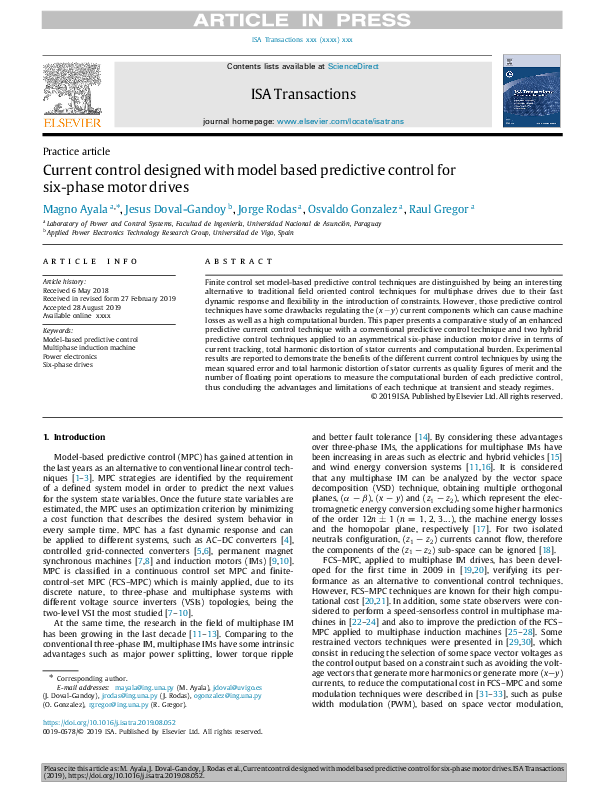 Pdf Current Control Designed With Model Based Predictive Control For Six Phase Motor Drives