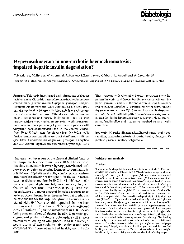 (PDF) Hyperinsulinaemia in non-cirrhotic haemochromatosis: impaired ...