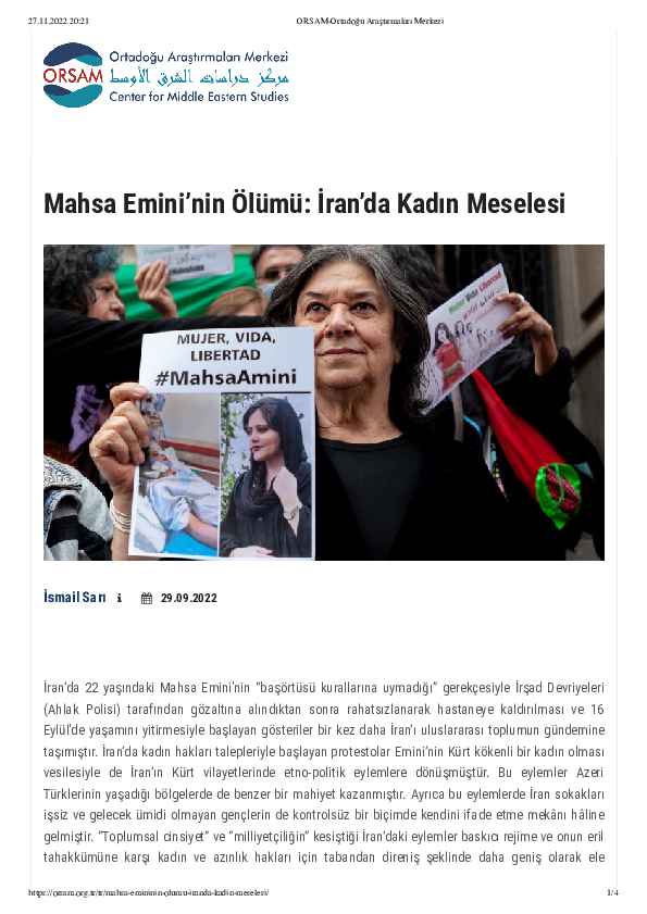 (PDF) Mahsa Emini’nin Ölümü: İran’da Kadın Meselesi