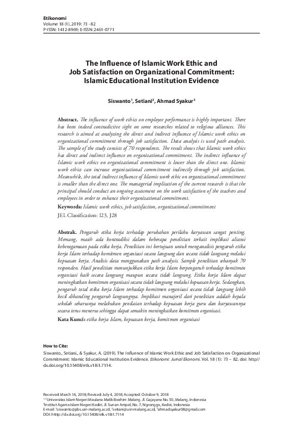 (PDF) The Influence of Islamic Work Ethic and Job Satisfaction on ...