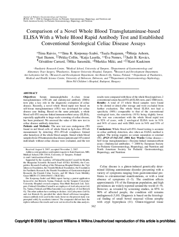 (PDF) Comparison of a Novel Whole Blood Transglutaminase-based ELISA ...